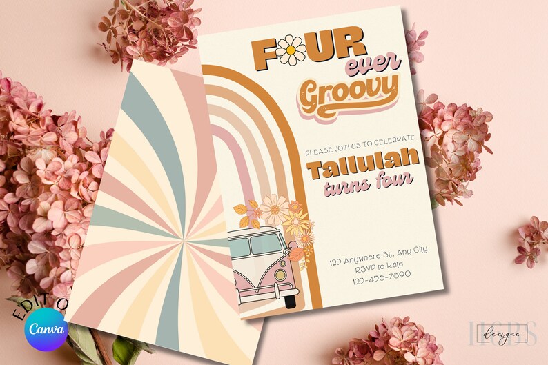 Fourever Groovy Birthday Invitation 4th Birthday Party Boho 70s ...