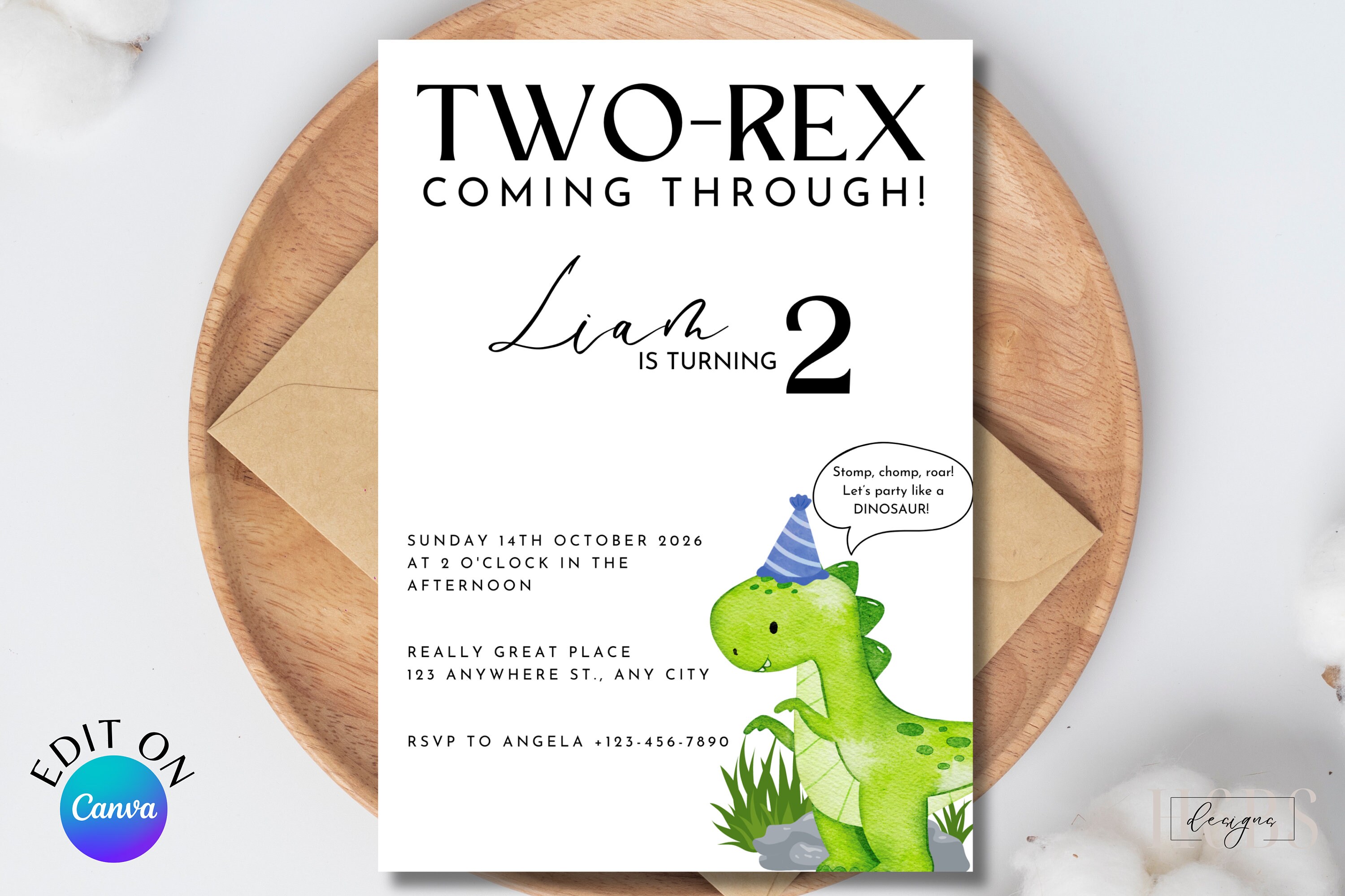 Two Rex Birthday Invitation Boy Dinosaur Birthday Party Green Dino 2nd ...