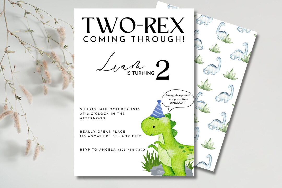 Two Rex Birthday Invitation Boy Dinosaur Birthday Party Green Dino 2nd ...