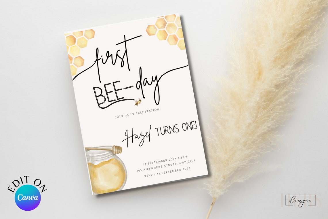 First Birthday Party First Bee-day Invitation Bee and Honeycomb Themed ...