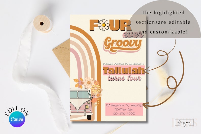 Fourever Groovy Birthday Invitation 4th Birthday Party Boho 70s ...