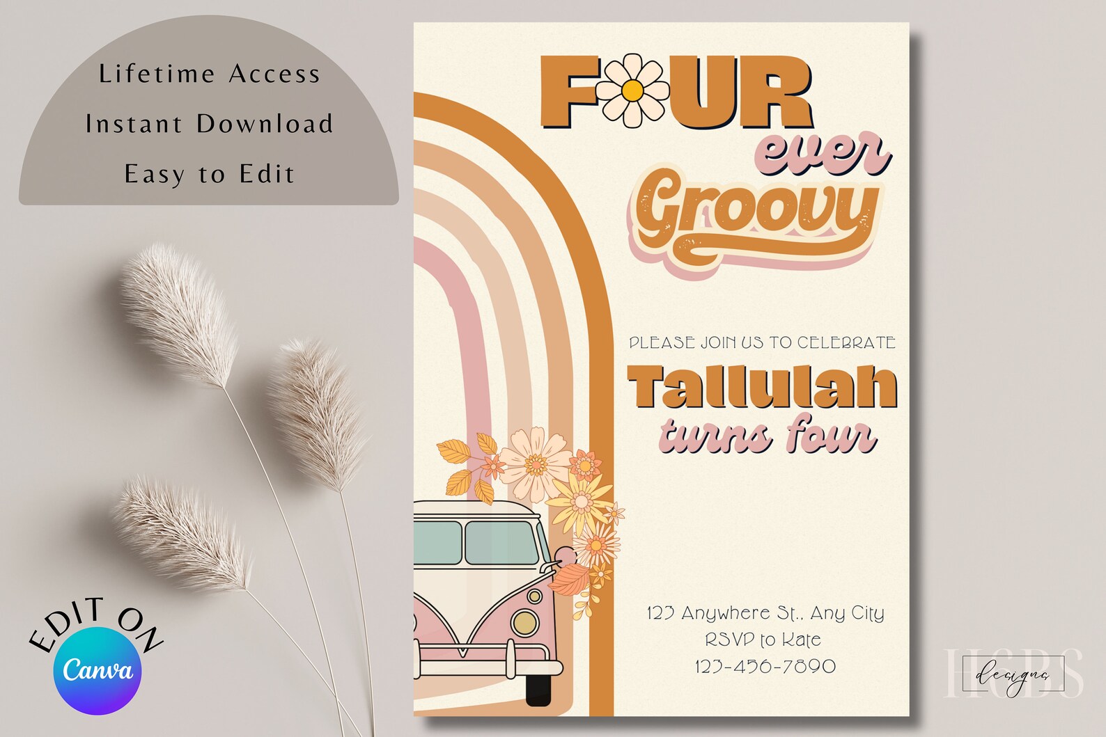 Fourever Groovy Birthday Invitation 4th Birthday Party Boho 70s ...