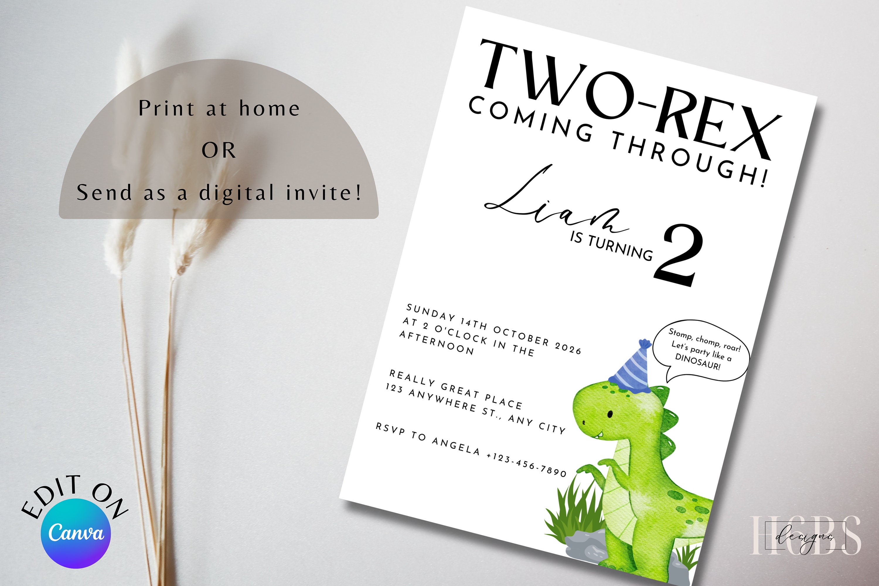 Two Rex Birthday Invitation Boy Dinosaur Birthday Party Green Dino 2nd ...