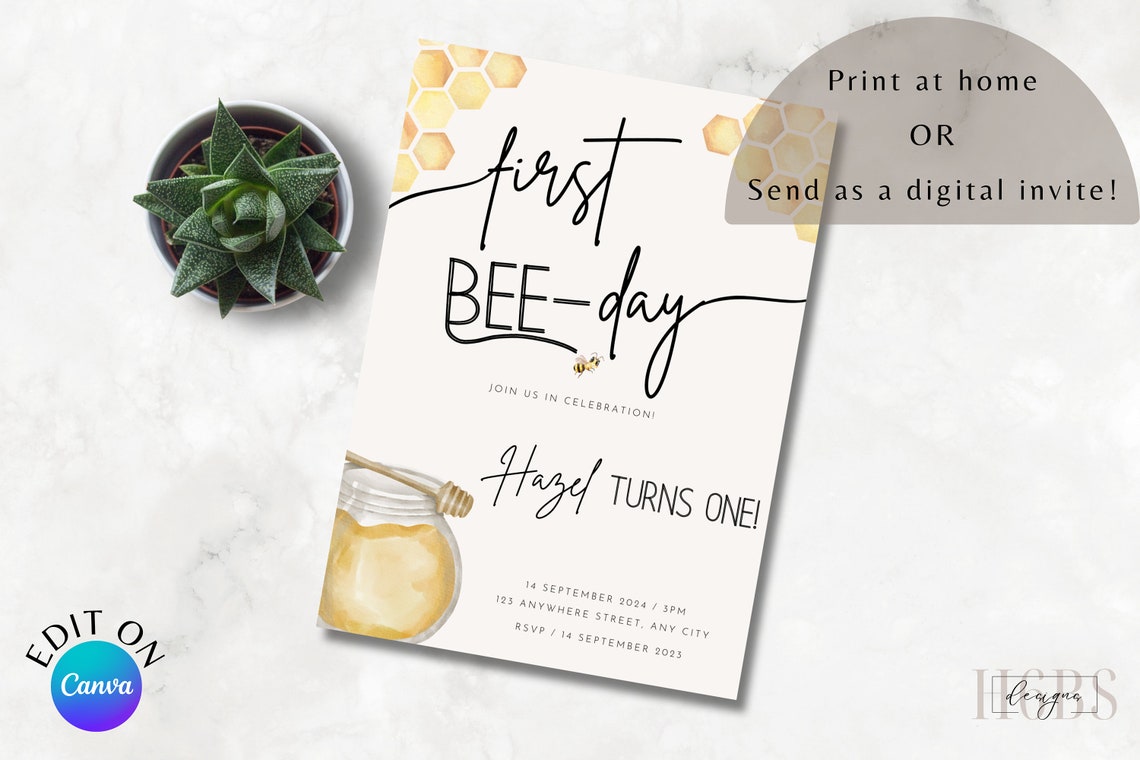 First Birthday Party First Bee-day Invitation Bee and Honeycomb Themed ...