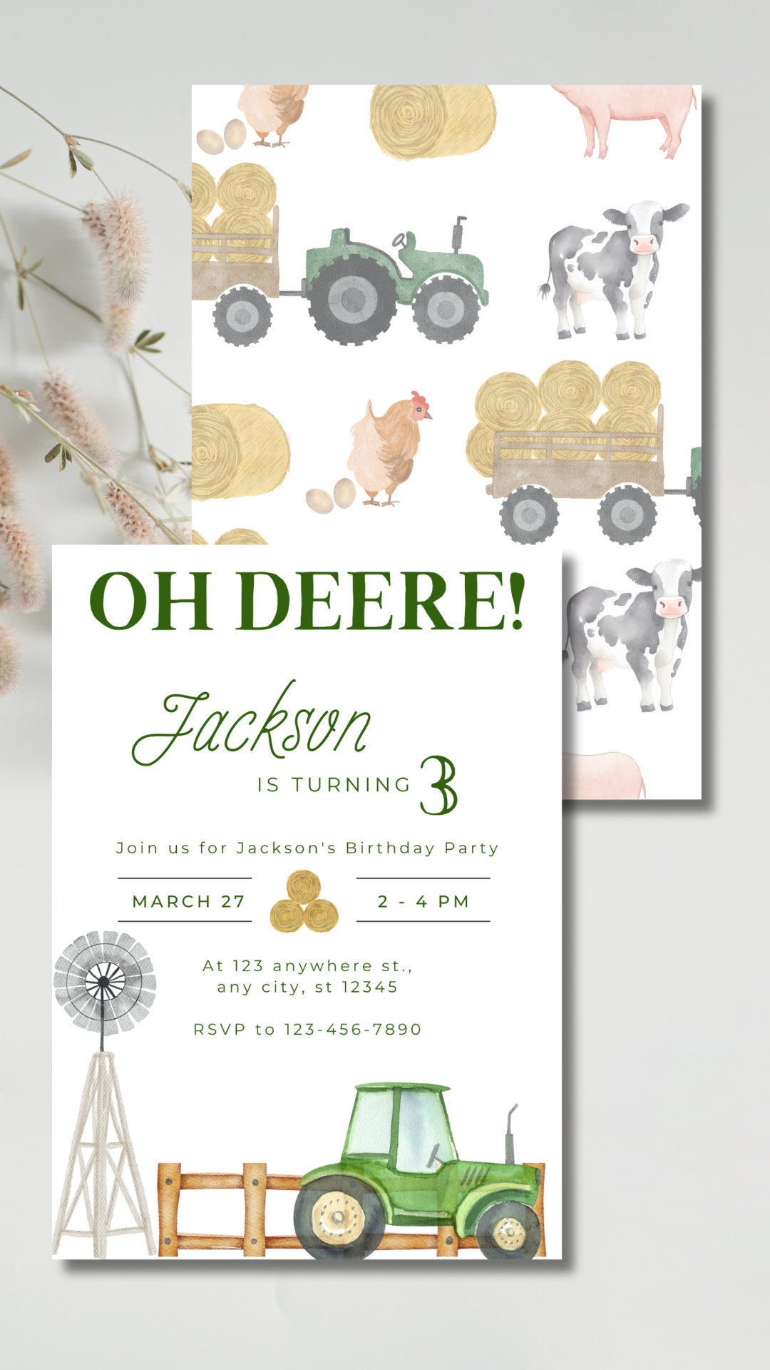 Deere Tractor Party Farm Themed First Birthday Invitation Vintage Green ...