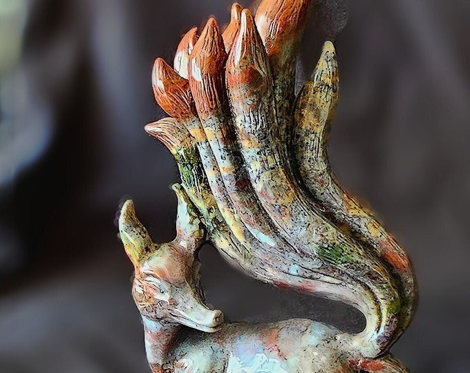 Nine Tailed Fox Ocean Jasper Sculpture. Hand Carved and Unique Kitsune ...