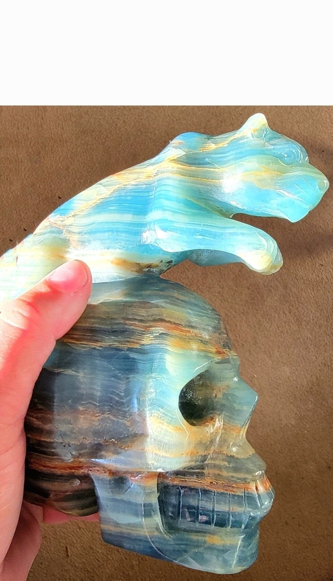 Hand Carved, One of a Kind, Blue Onyx Skull With Cougar. Mountain Lion ...