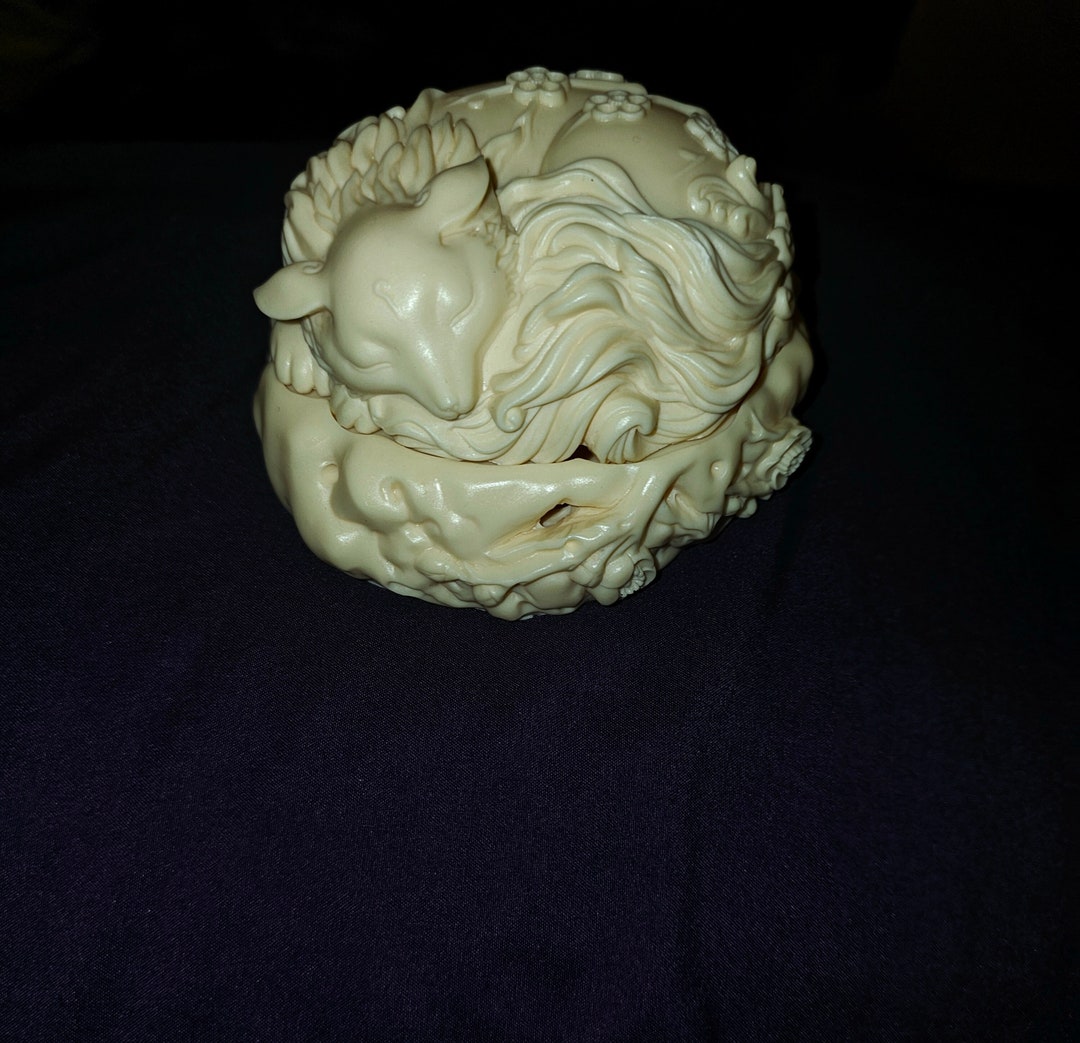 Tagua Nut Carving of Nine Tailed Fox. This is a Jewelry Box/incense ...