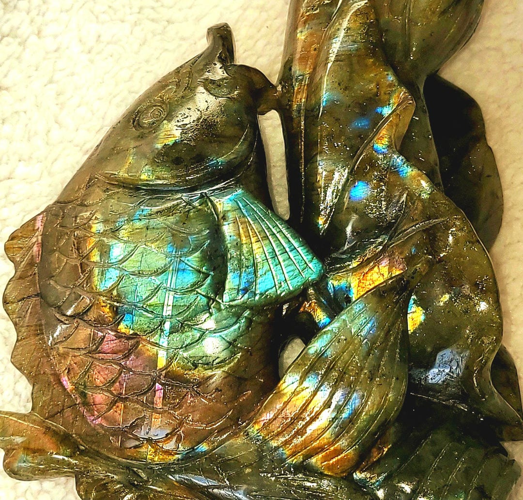Labradorite Koi With Lotus Pod and Leaf. Hand Carved and One of a Kind ...