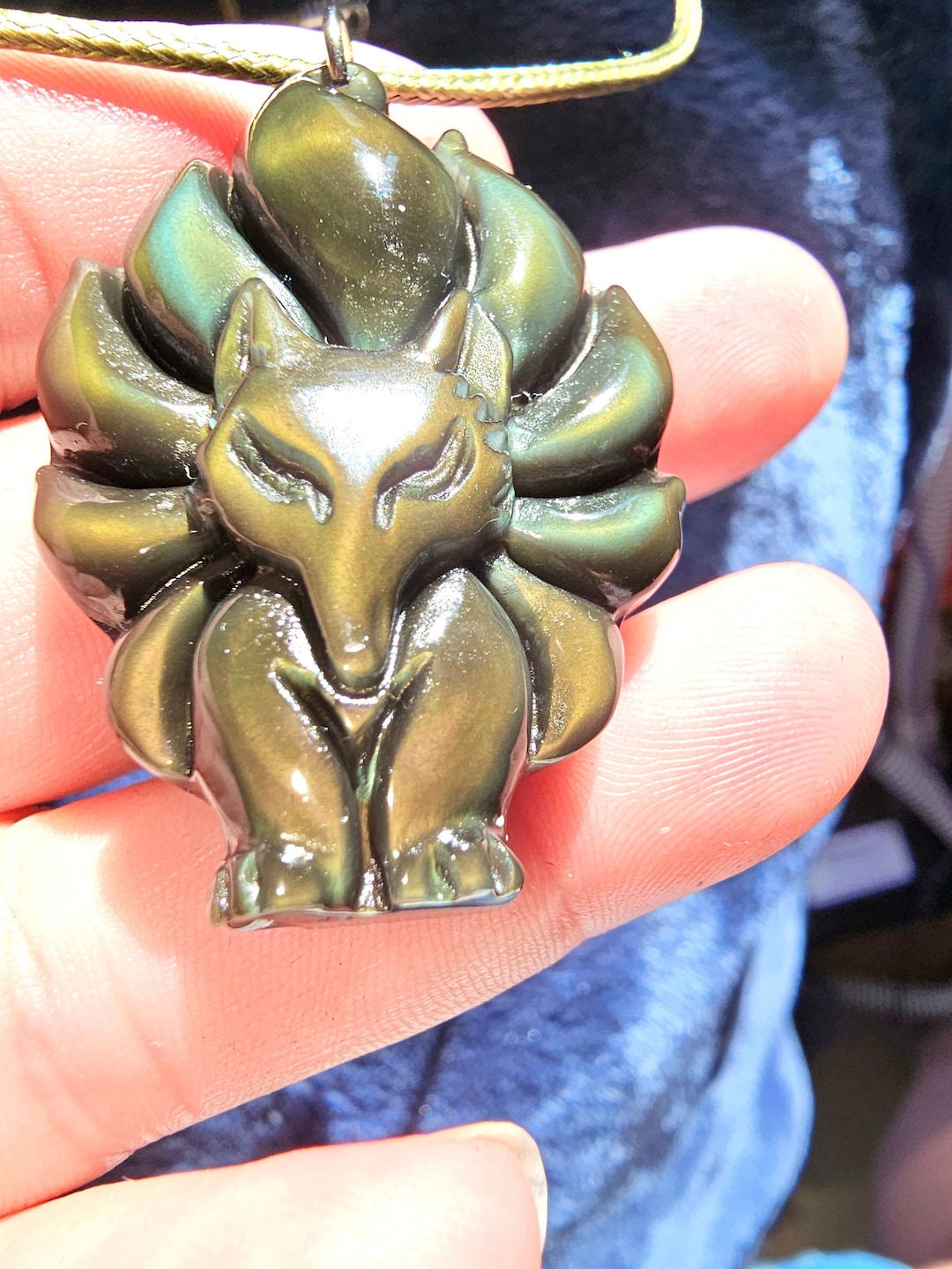 Rainbow Obsidian Nine Tailed Fox Pendant on Green Silk Cord - Etsy