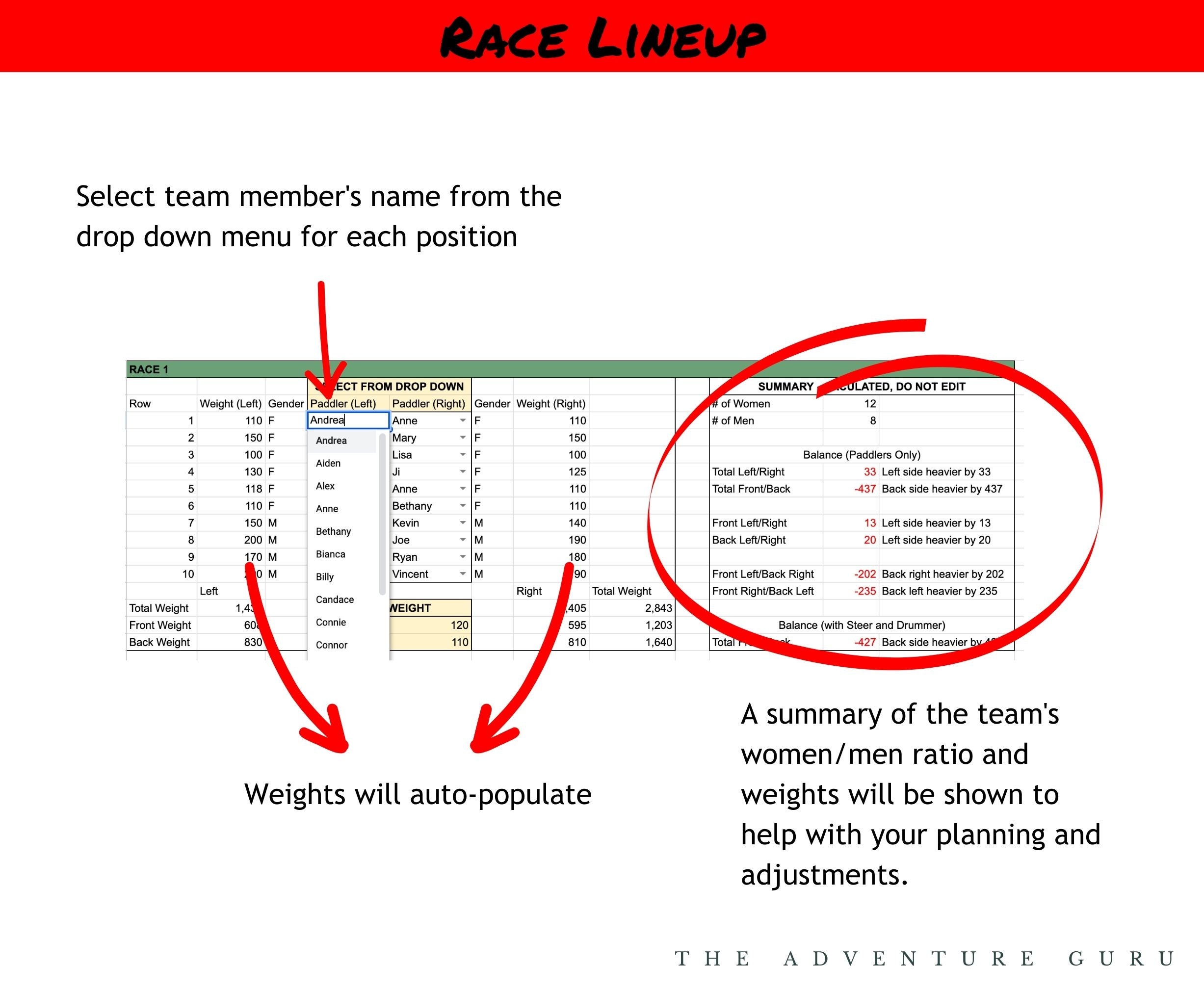 Dragon Boat Race Lineup Seating Roster Planning Template | Team Captain ...
