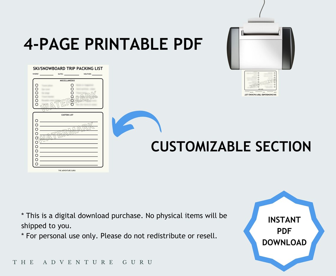 Ski Snowboard Trip Packing List Printable - Instant Download, Vacation ...