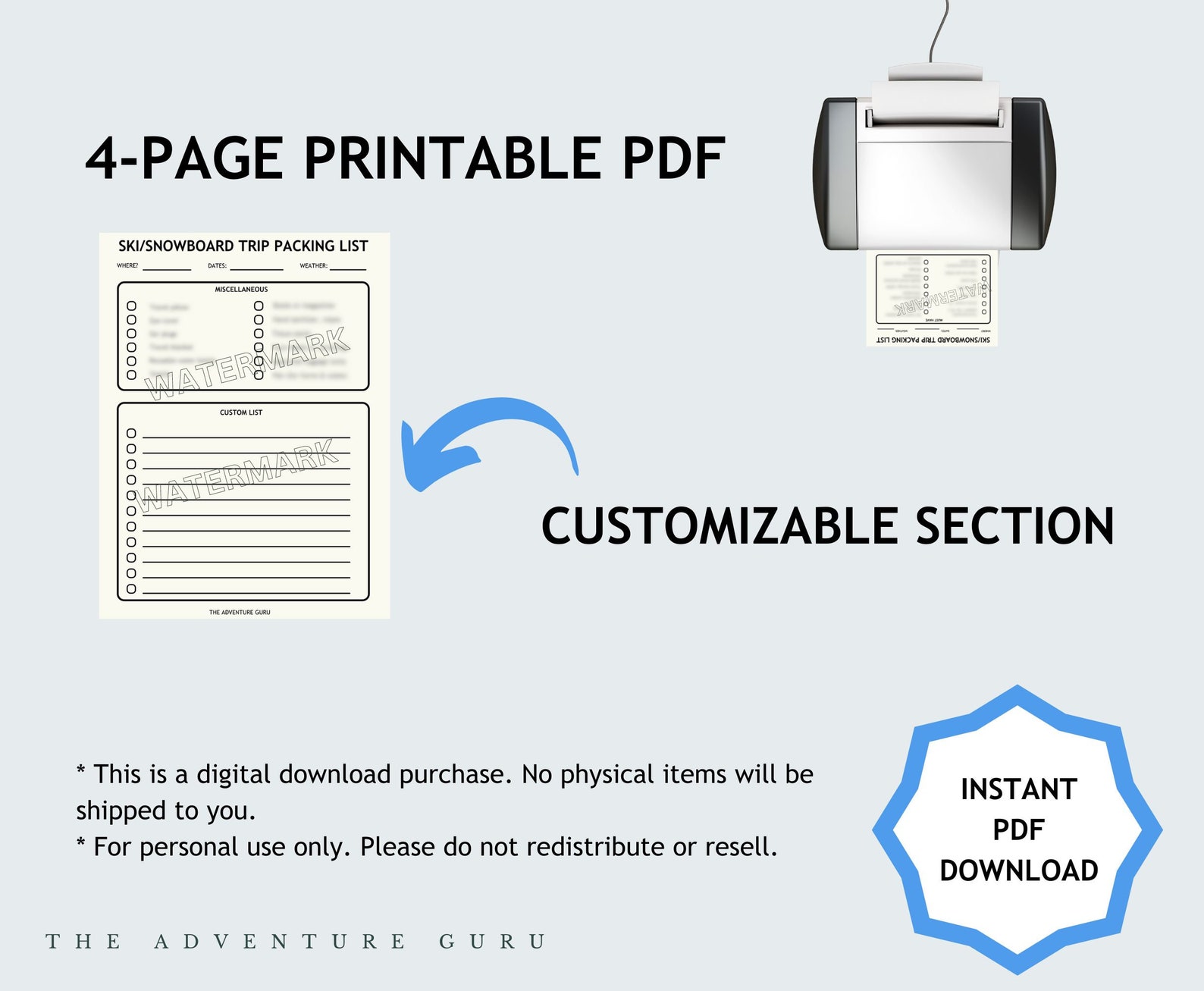 Ski Snowboard Trip Packing List Printable - Instant Download, Vacation ...