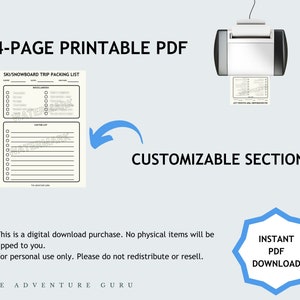 Ski Snowboard Trip Packing List Printable - Instant Download, Vacation ...