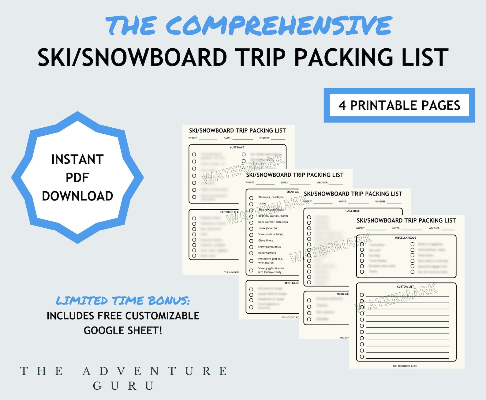 Ski Snowboard Trip Packing List Printable - Instant Download, Vacation ...