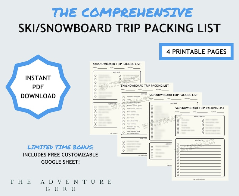 Ski Snowboard Trip Packing List Printable - Instant Download, Vacation ...