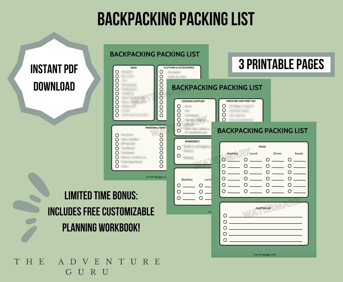 Backpacking Packing List Printable - Instant Download, Vacation ...