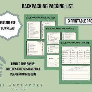 Backpacking Packing List Printable - Instant Download, Vacation Planning, Backpacking Organizer ...