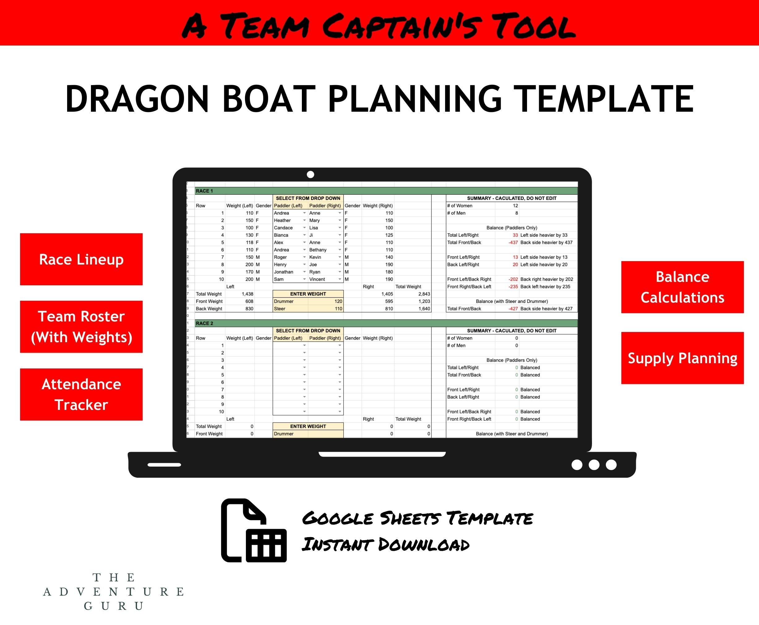 Dragon Boat Race Lineup Seating Roster Planning Template | Team Captain ...