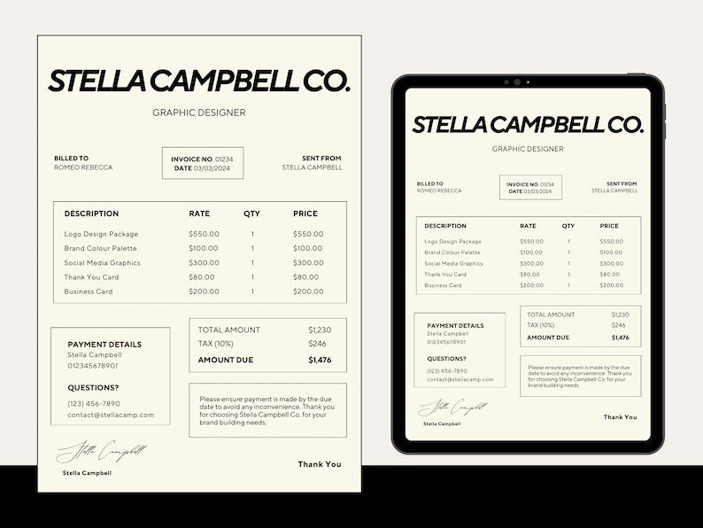 Freelancer Billing Receipt - Digital Small Business Invoice for Brand ...