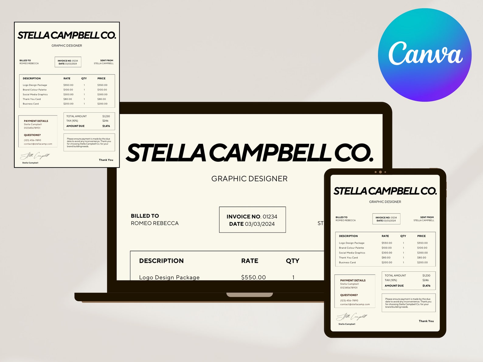 Freelancer Billing Receipt - Digital Small Business Invoice for Brand ...