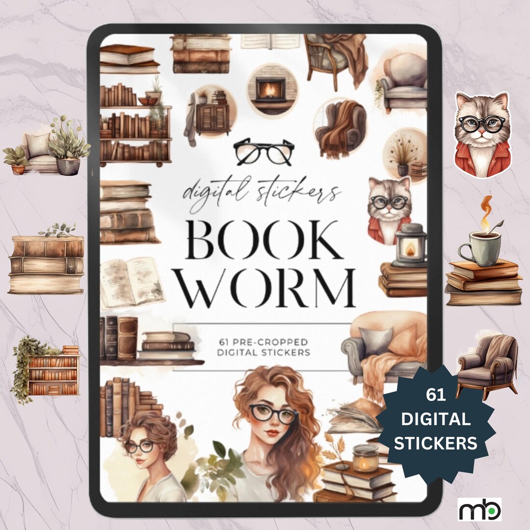 Bookworm Digital Stickers, Book Themed Digital Stickers, Book Stickers ...