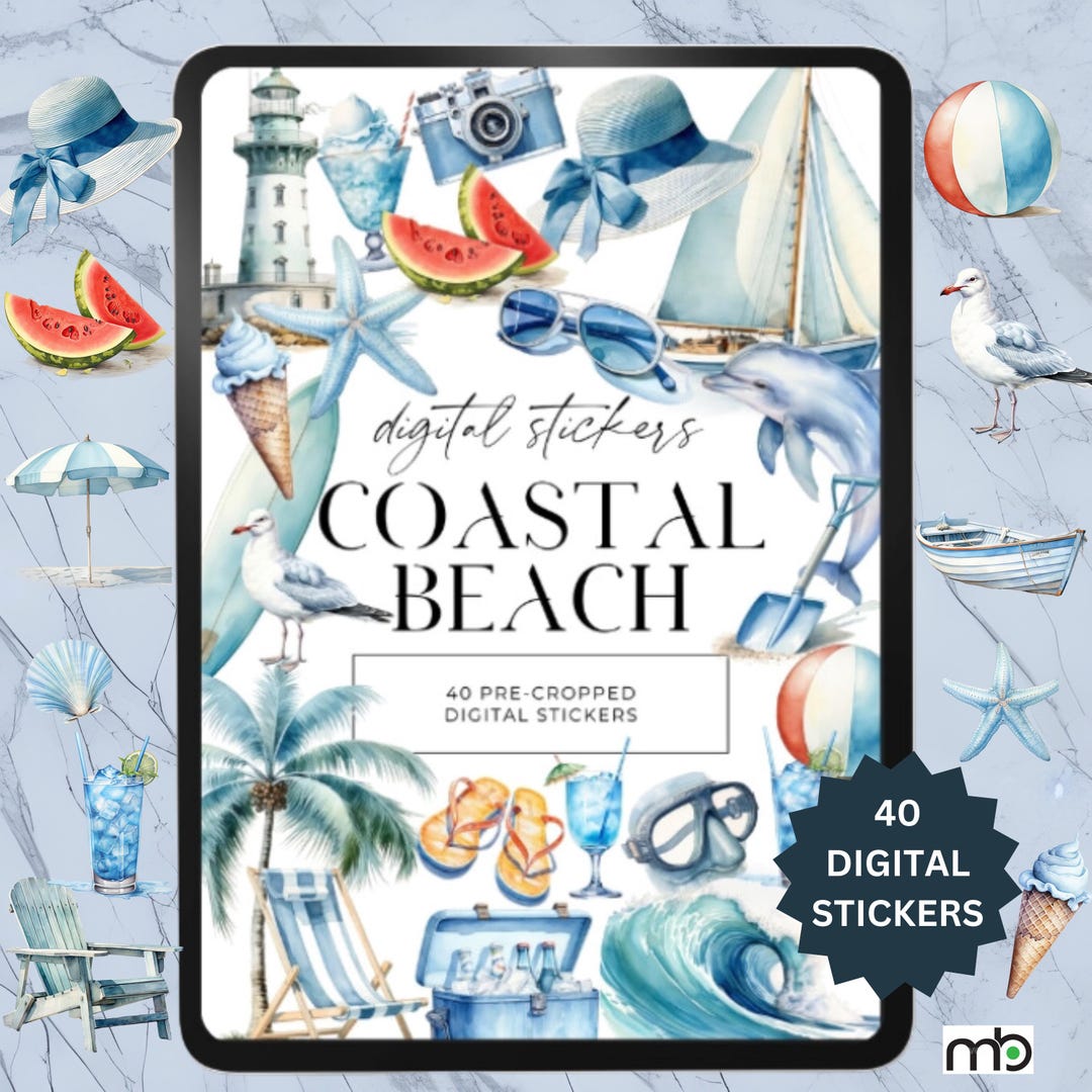 Beach Digital Stickers, Coastal Digital Stickers, Sun, Sea and Surf ...