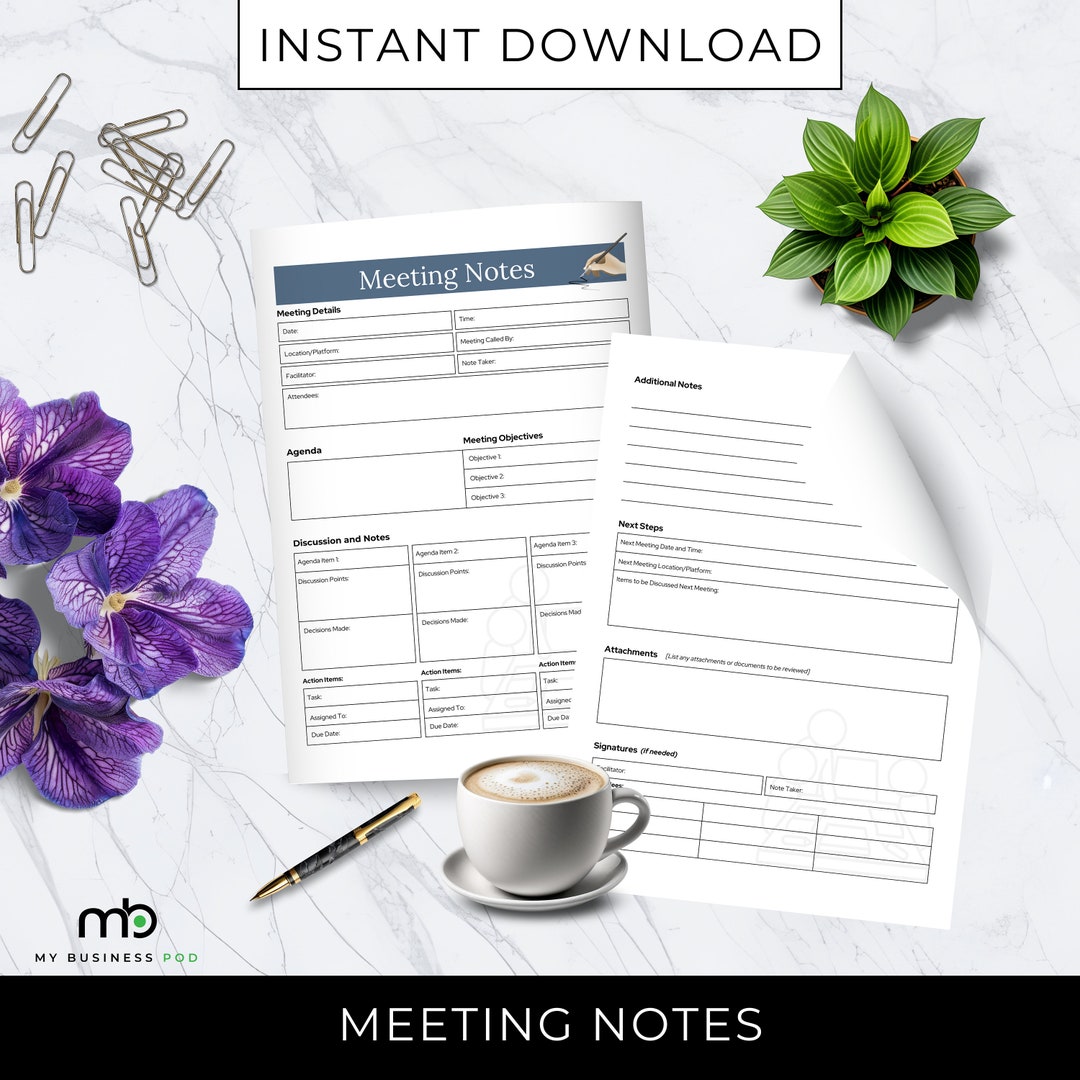 Meeting Notes, Meetings Record, Form, Sheet, Agenda, Actionable Tasks ...