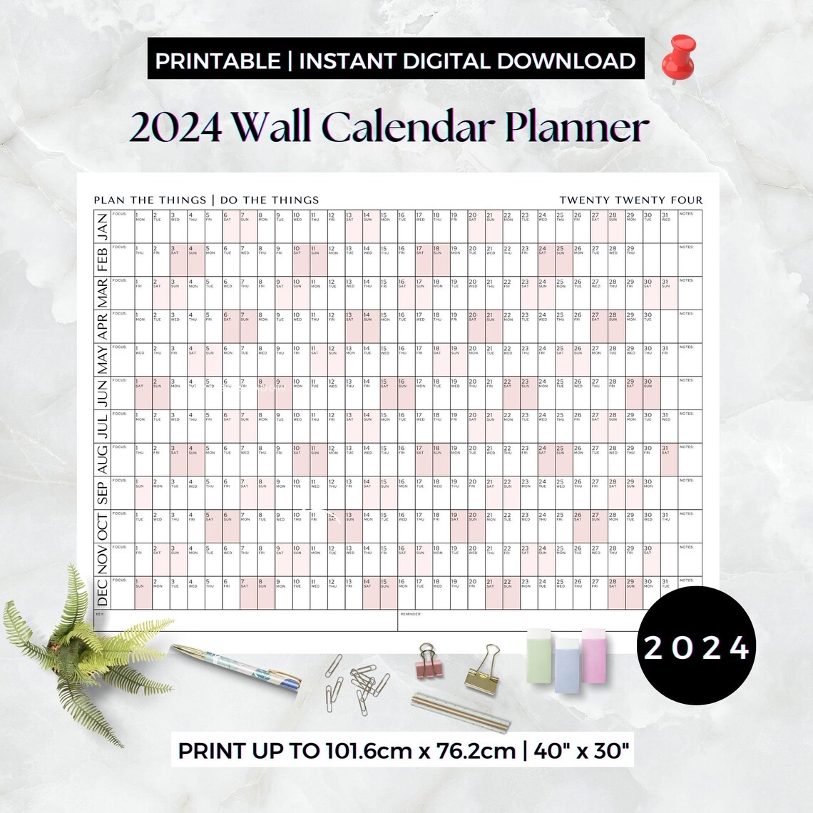 Printable 2024 Wall Calendar, 2024 Wall Planner, Year Planner, Monthly ...