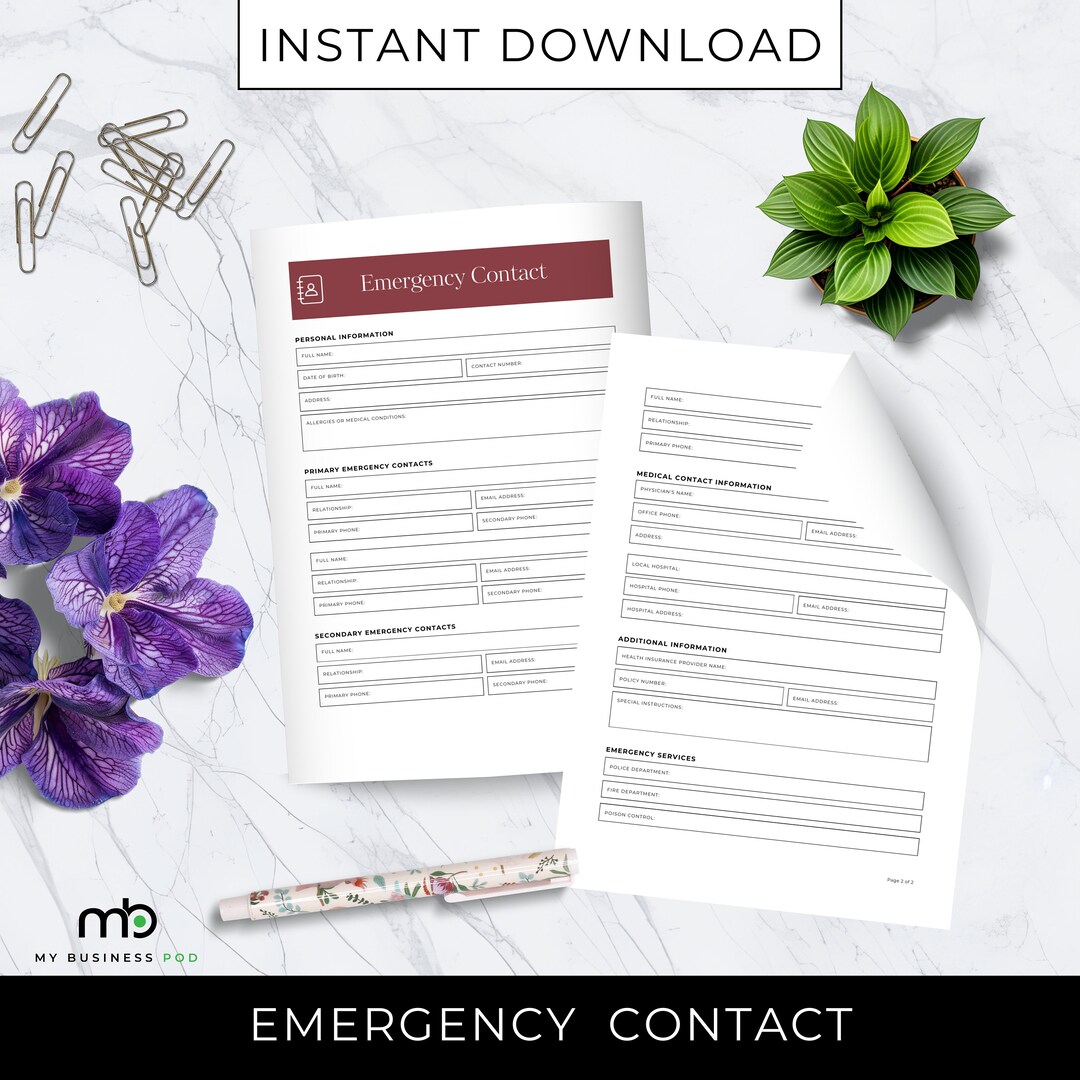 Emergency Contacts Form, Medical Information Sheet, Next of Kin ...