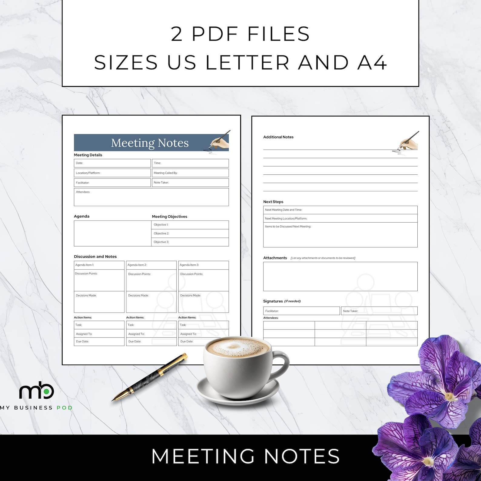 Meeting Notes, Meetings Record, Form, Sheet, Agenda, Actionable Tasks ...