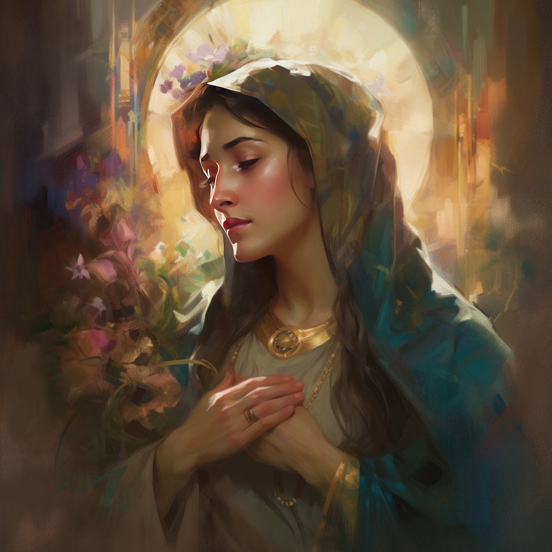 The Blessed Virgin Mary in Deep Prayer or Contemplation, Flowers ...
