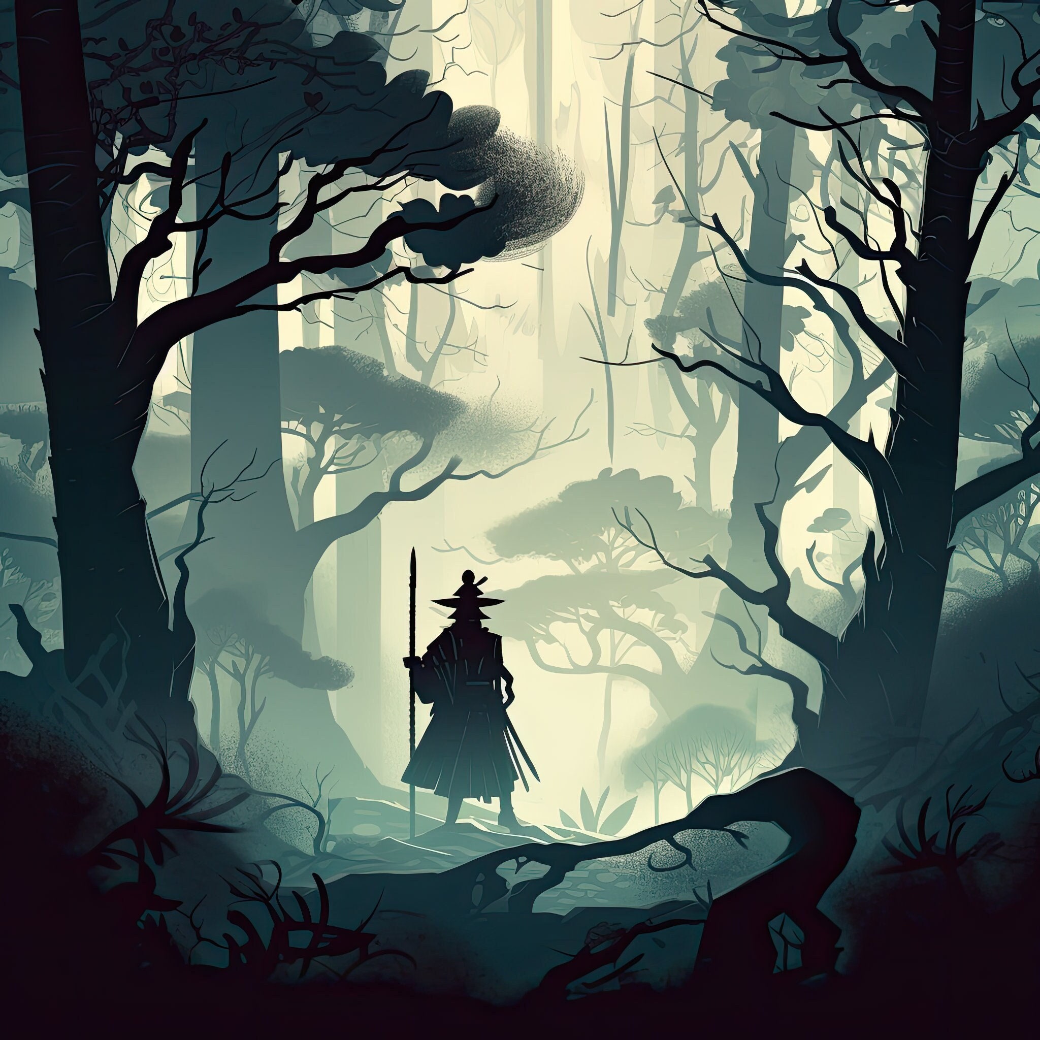 Samurai in a Foggy Forest, Abstract Style, Scenic, Digital Download - Etsy