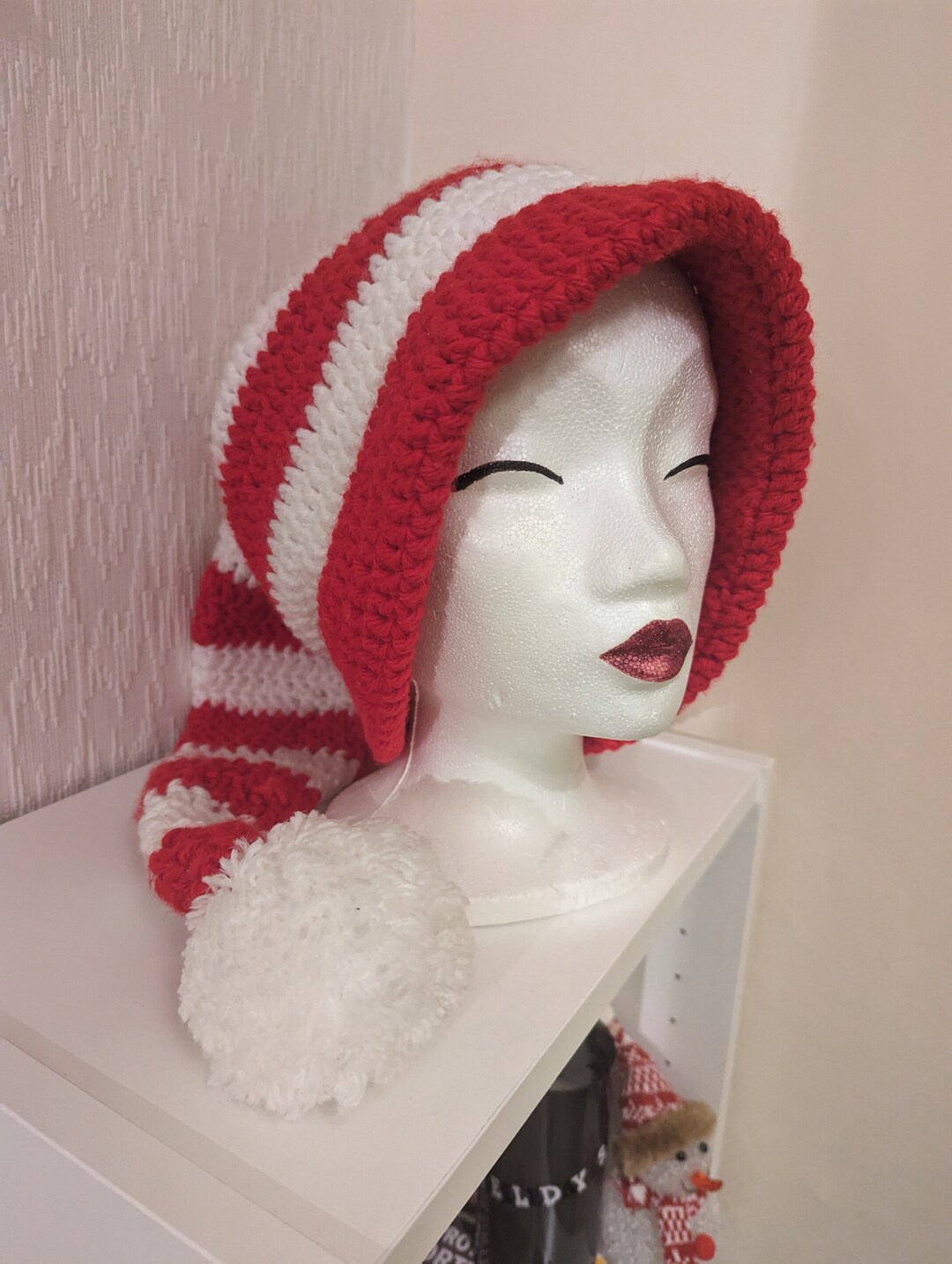 Long Red and White Elf Hat - Etsy