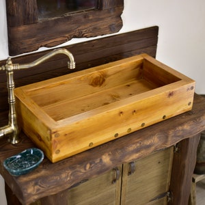 Bathroom Sink Square Natural Rustic Wood Handmade Cedar Wood Wooden ...