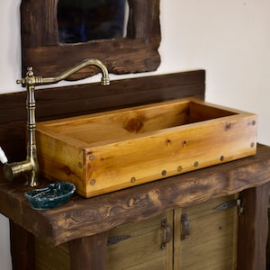 Bathroom Sink Square Natural Rustic Wood Handmade Cedar Wood Wooden ...