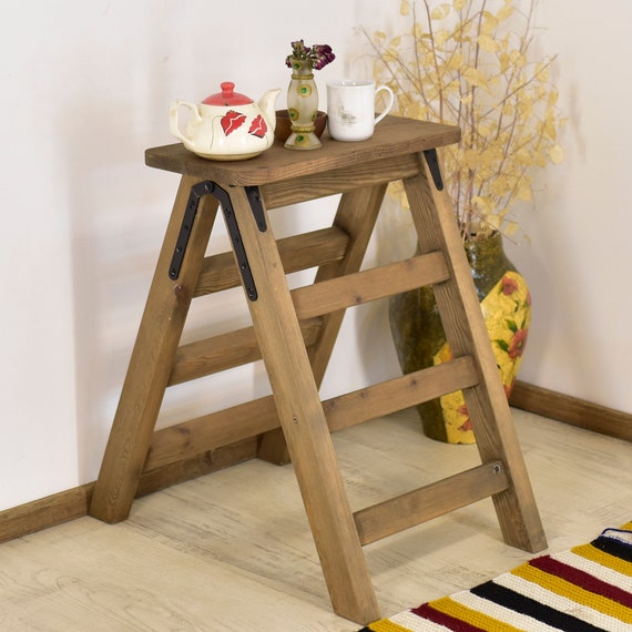 Staircase Rustic Wood Steps Coffee Table Folding Ladder Kitchen Library Wood With Wooden Top Vintage Ladders Farmhouse Decoration Design Etsy