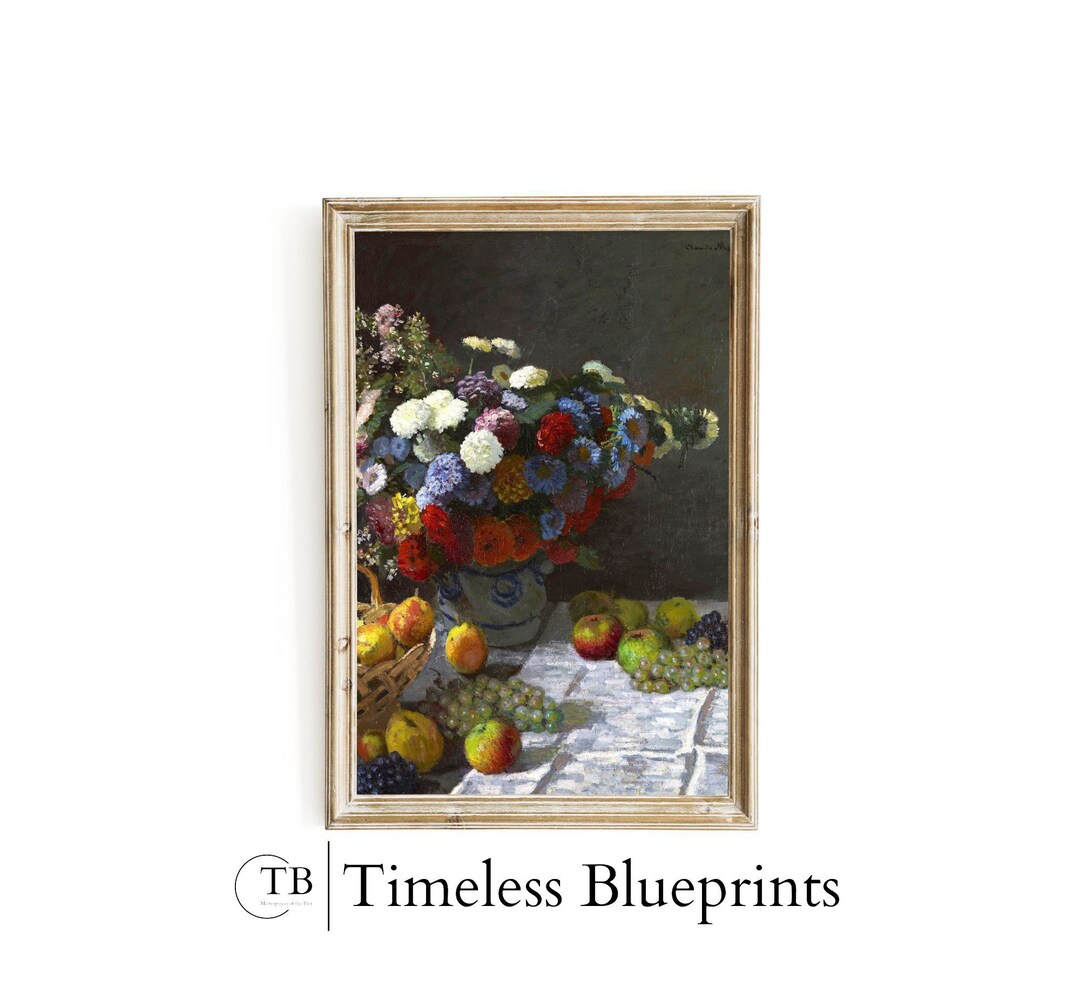 Vintage Floral Still Life Art Print Vibrant Flowers With Fruit Kitchen ...