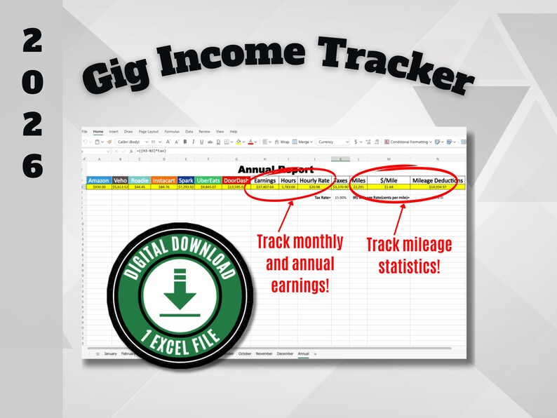 Gig Income Tracker 2026: Excel Mileage Spreadsheet (digital Download ...