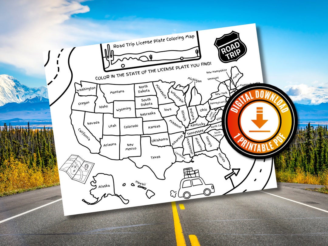 Road Trip License Plate Coloring Map Printable Fun Road Trip Games for ...
