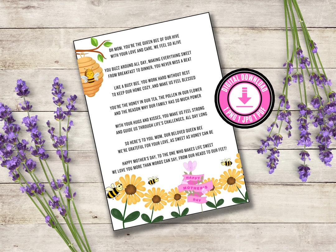 Bee Themed Mother's Day Card Heartfelt Poem for Mothers Day Poem ...