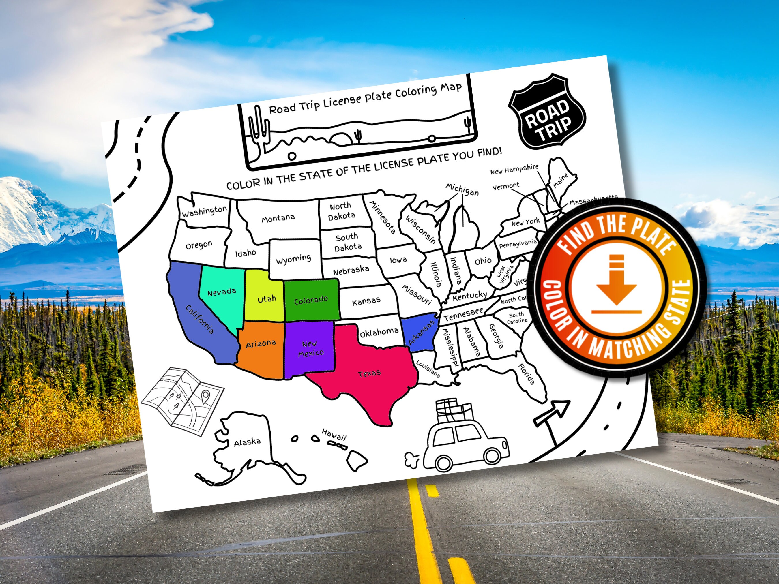 Road Trip License Plate Coloring Map Printable Fun Road Trip Games for ...