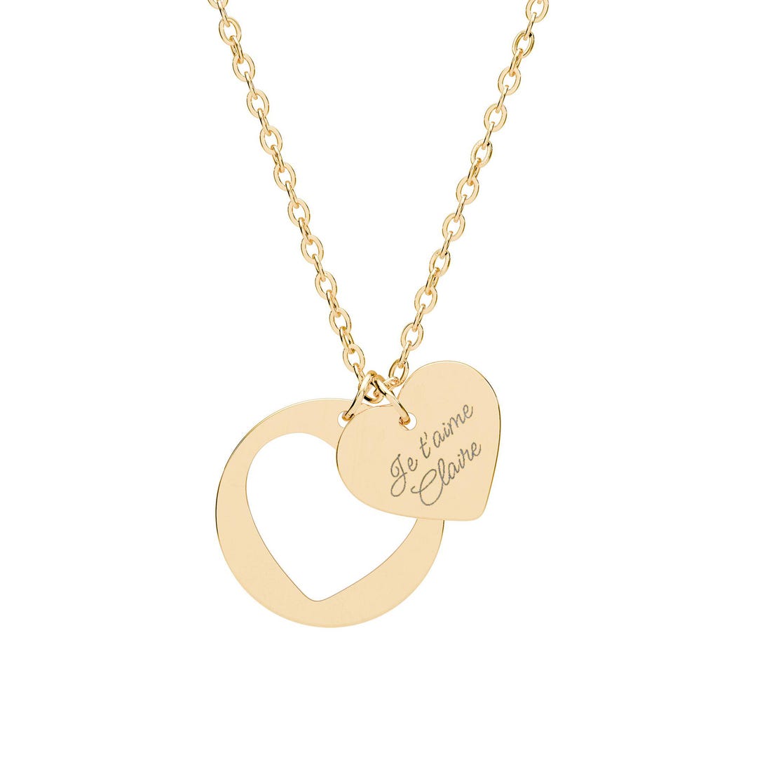 Heart Cutout Engraved Necklace | Double Charm Pendant, Delicate Chain ...