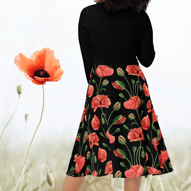 Black Top Red Poppy Flowers Long Sleeve Midi Dress | Remembrance Day ...