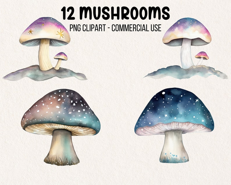 12 PNG Mushroom Watercolor Clipart Fantasy Clipart Mushroom Bundle ...