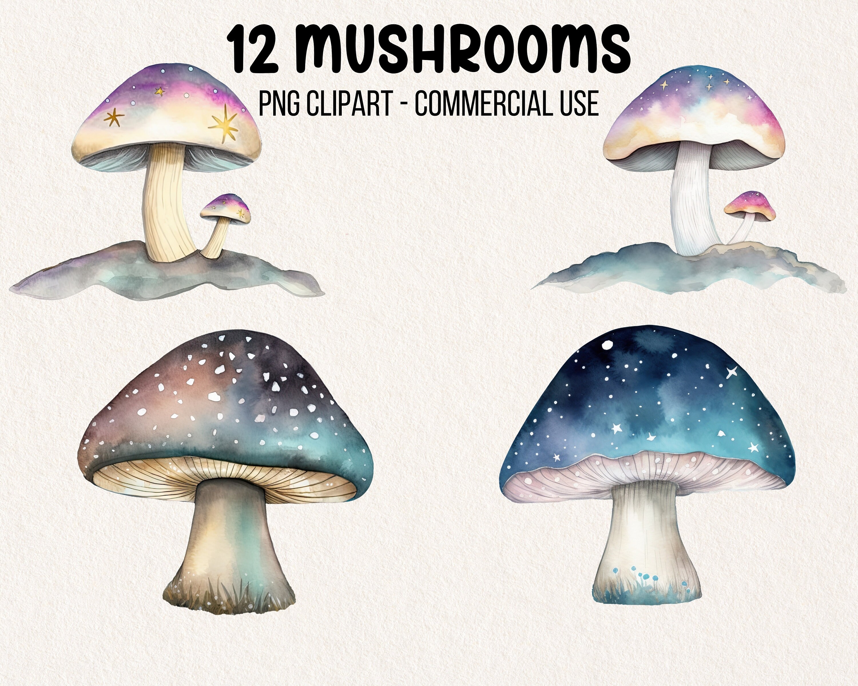 12 PNG Mushroom Watercolor Clipart Fantasy Clipart Mushroom Bundle ...