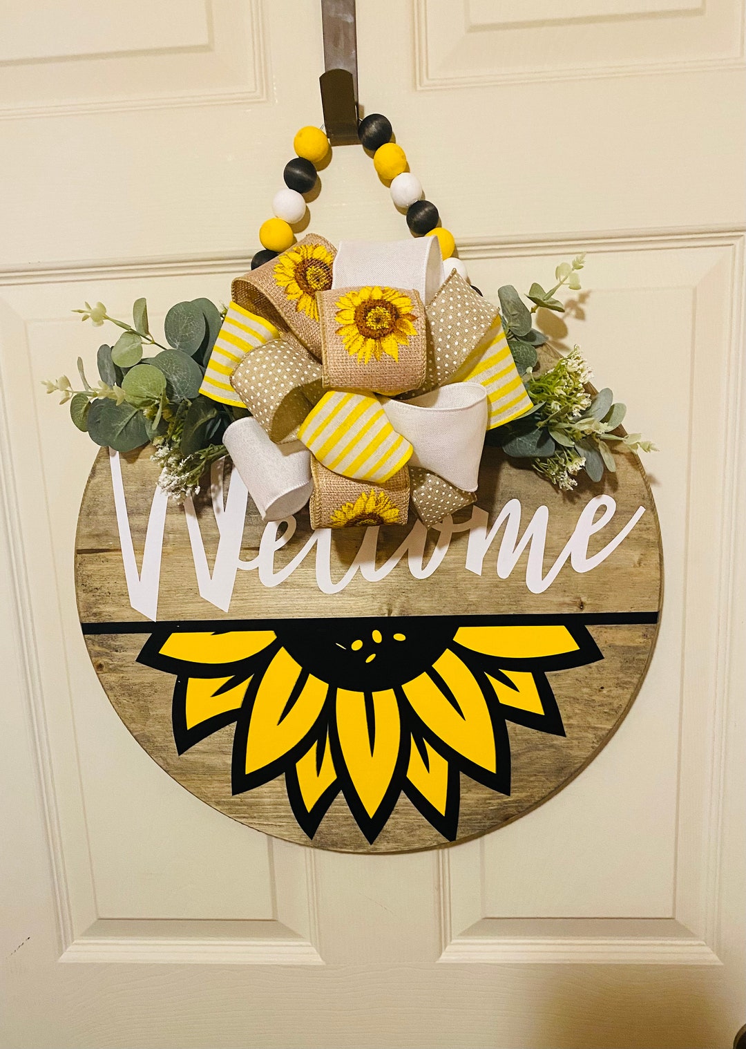 Round Wooden Door Hanger Sunflower Welcome - Etsy