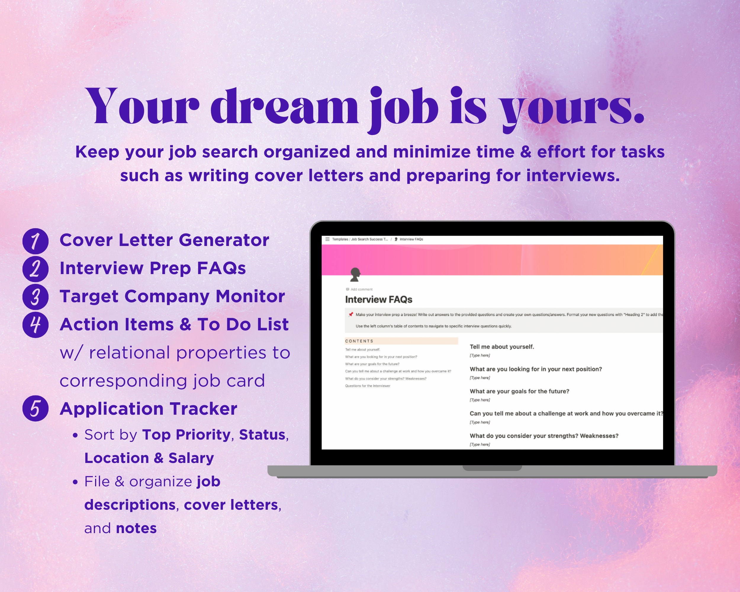 Job Search Success Notion Template | Notion Planner | To-do's Tracker ...