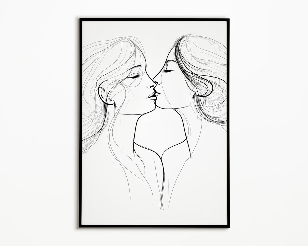 Lesbian Line Drawing Lgbt Minimalist Line Art Two Girls Kissing Line
