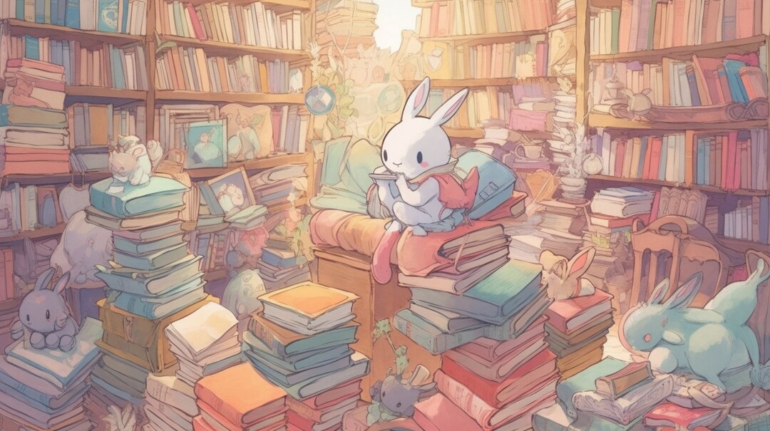 Whimsical Wonderland Library With Rabbits in Kawaii Style. Virtual ...